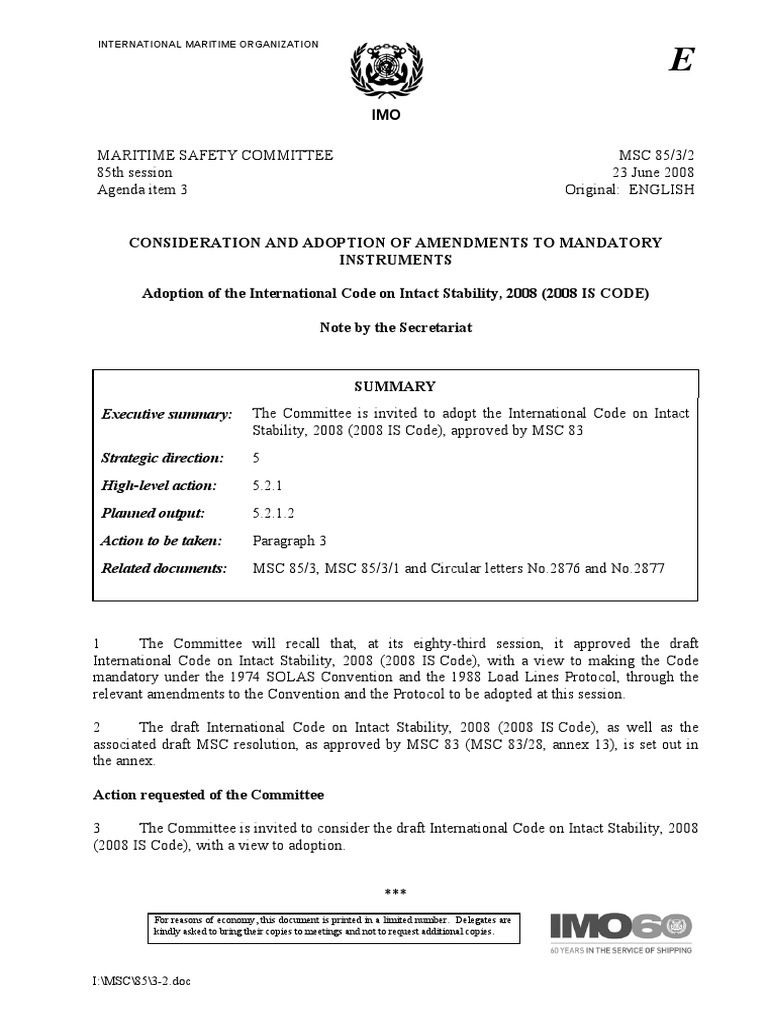 MSC 85-3-2 Intact Stability Code 2008 | PDF | Ships | Oil Tanker