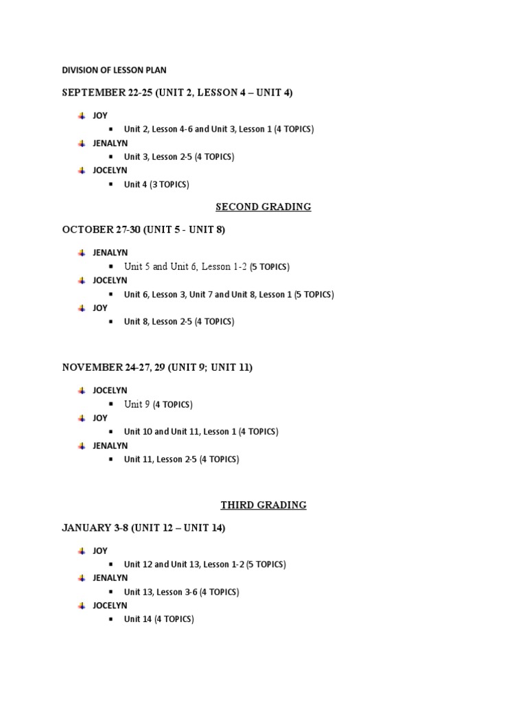 Teacher lesson plan divisions by unit and topic | PDF