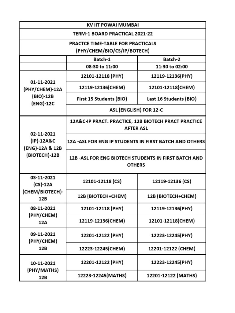 Term-1 Pract-Practice Time Table 2021 | PDF