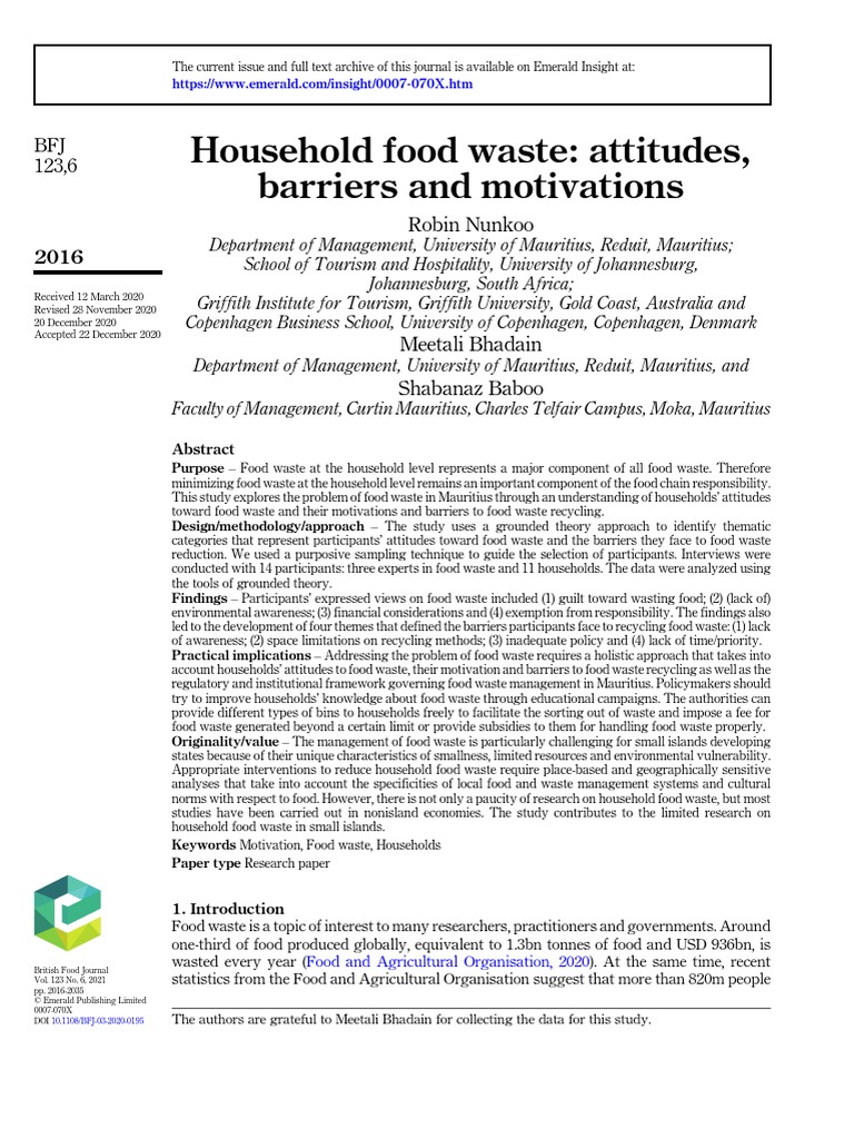 Household Food Waste: Attitudes, Barriers and Motivations: Robin Nunkoo ...