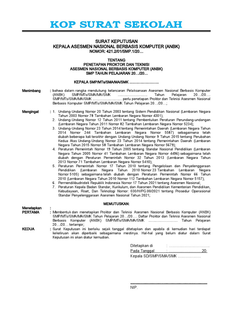 SK Proktor Dan Teknisi ANBK (OPERATORSEKOLAHDBNCOM) | PDF