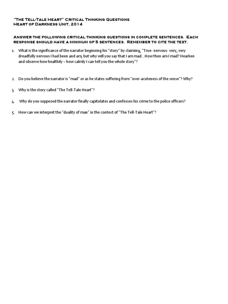 Tell Tale Heart Critical Thinking Questions | PDF