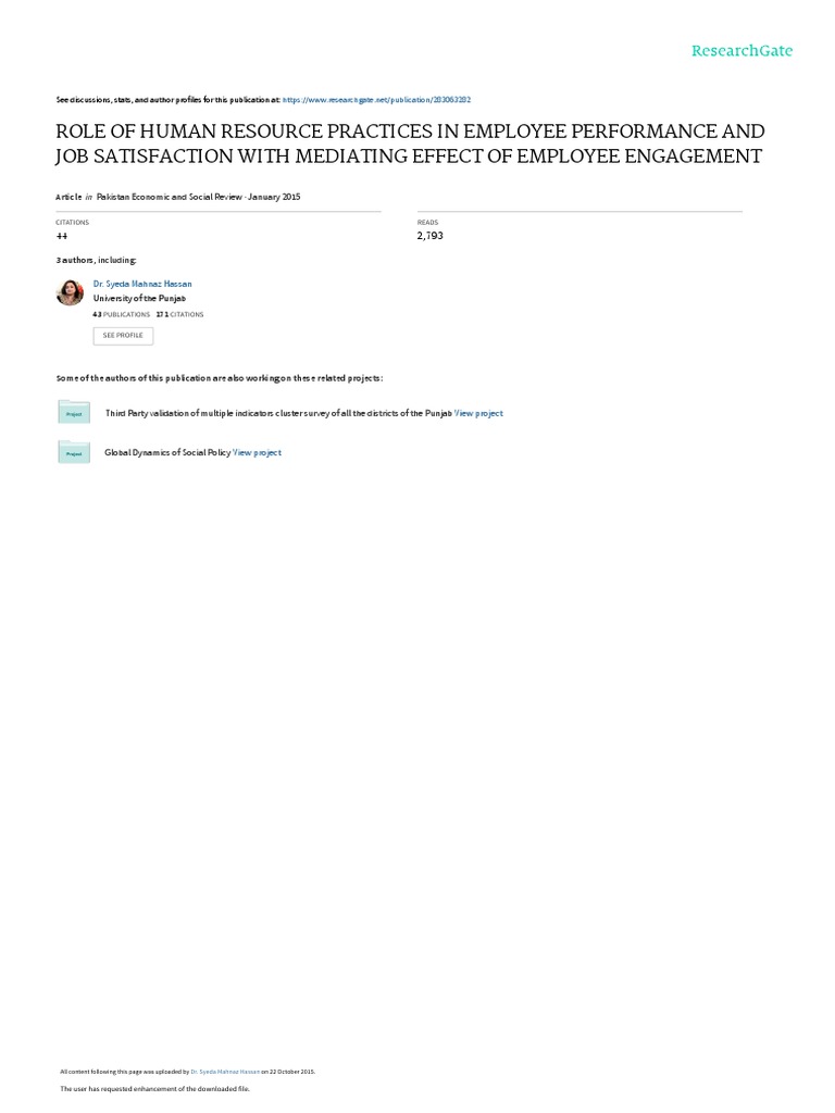 Role Of Human Resource Practices In Employee Performance And Job Satisfaction With Mediating