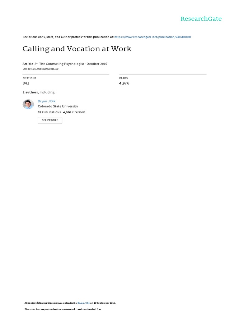 E Calling and Vocation at Work - Definitions and Prospects For | PDF ...