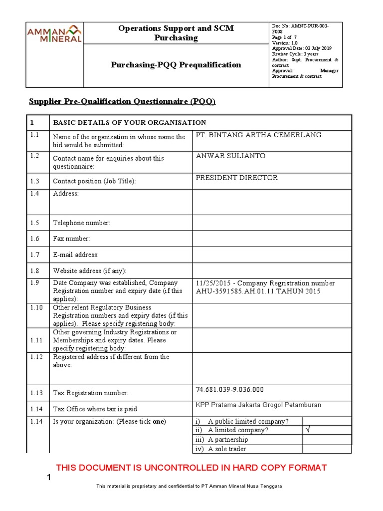 AMNT-PUR-003-F008 Purchasing - PQQ-Prequalification - New Supplier - English | PDF | Bankruptcy ...