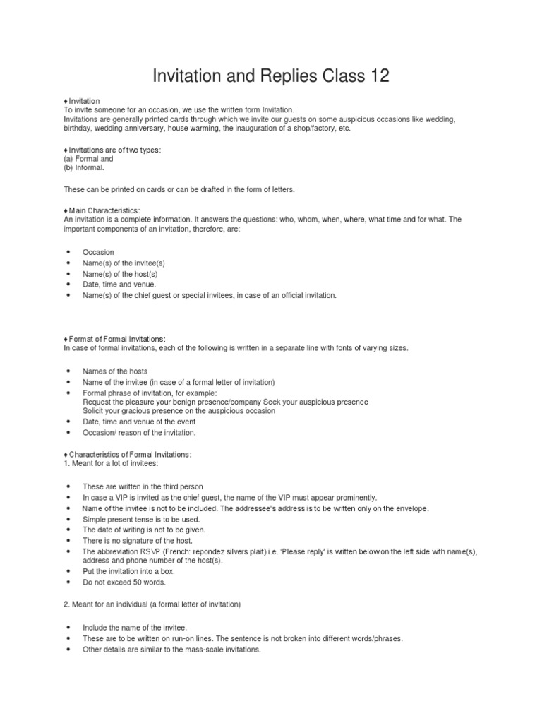 Invitation and Replies Class 12 | PDF