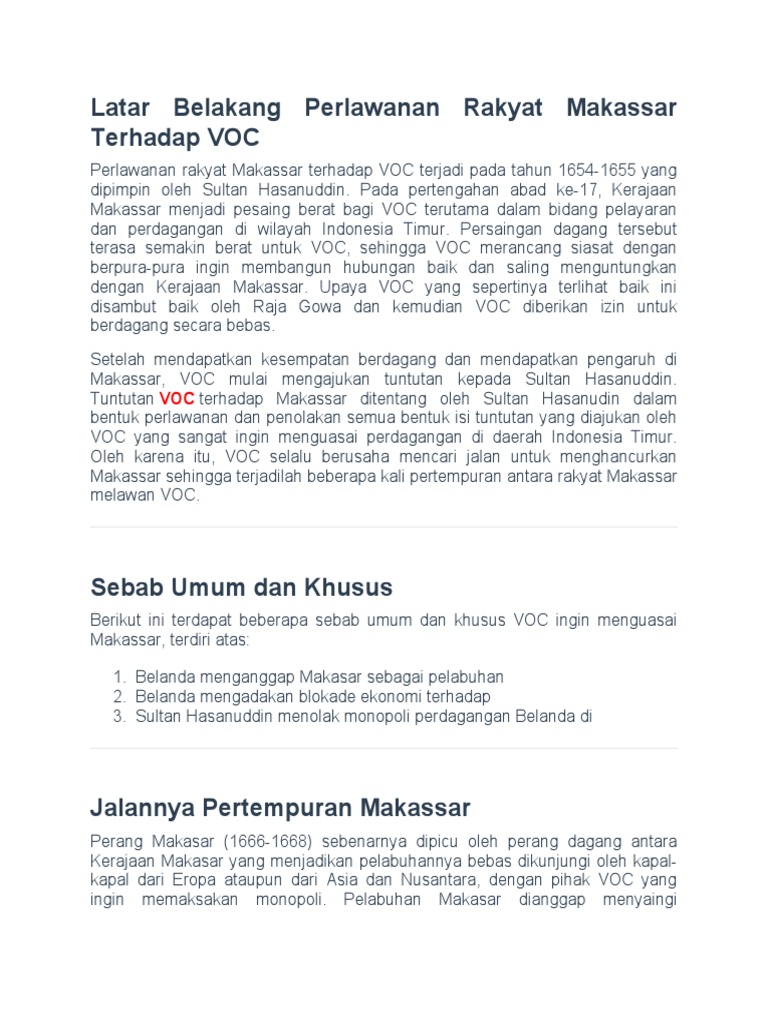 Latar Belakang Perlawanan Rakyat Makassar Terhadap VOC | PDF