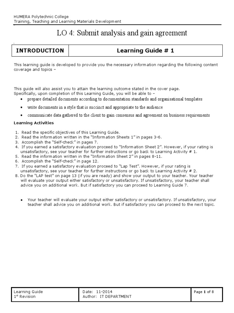 LO 4: Submit Analysis and Gain Agreement: Learning Guide # 1 | PDF ...