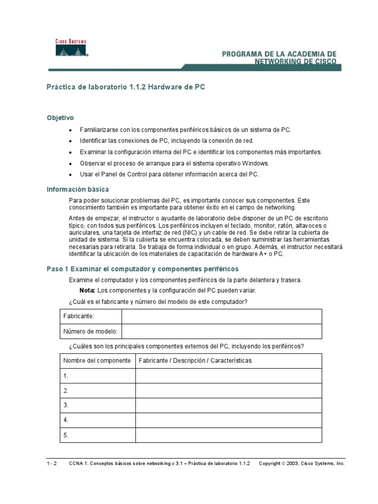 CCNA1 Lab 1 1 2 Practica de Laboratorio | PDF | Periférico | Microsoft Windows