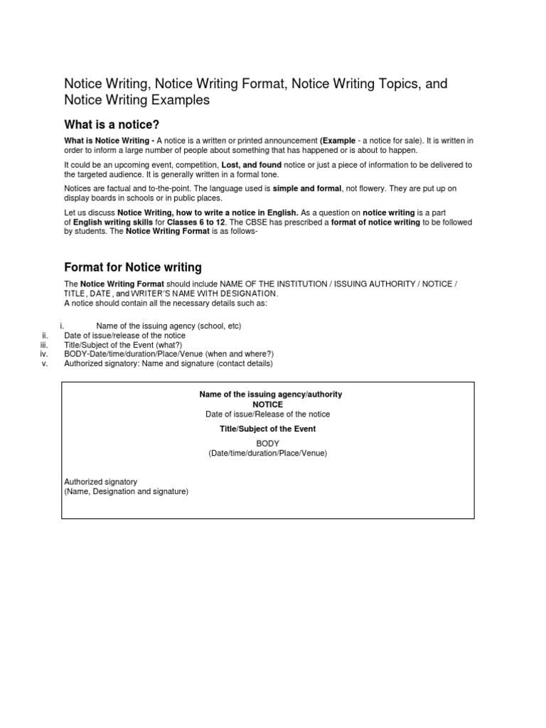 Notice Writing, Notice Writing Format, Notice Writing Topics, and ...