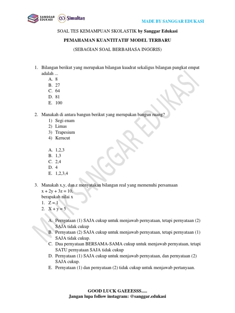 Soal Tes Kemampuan Skolastik (Sat) by Sanggar Edukasi | PDF