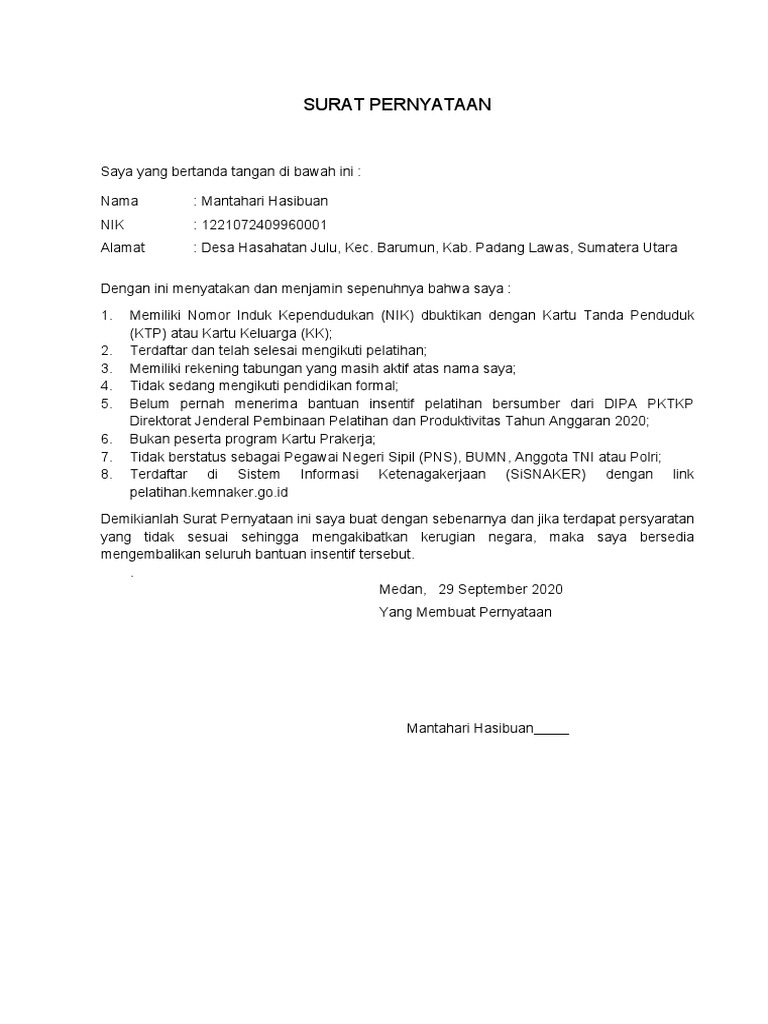 Surat Pernyataan Penerima Insentif | PDF