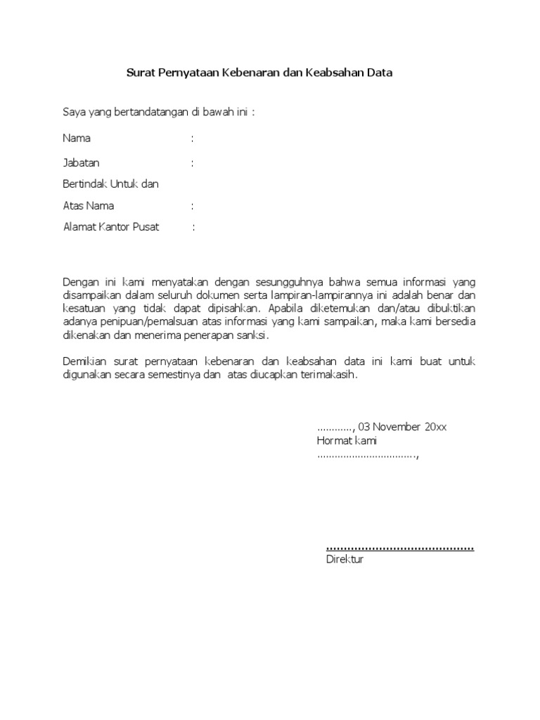 Contoh Surat Pernyataan Kebenaran Dan Keabsahan Data | PDF