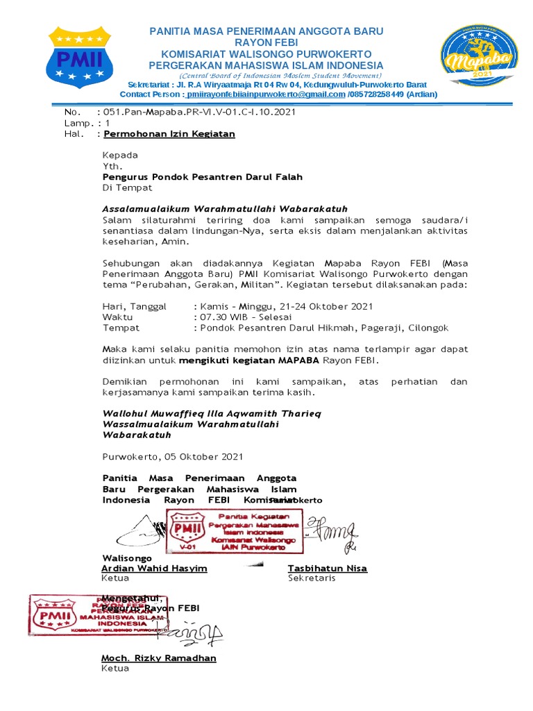 051.panitia - Surat Perizinan Pondok Pesantren - Mapaba 2021 | PDF