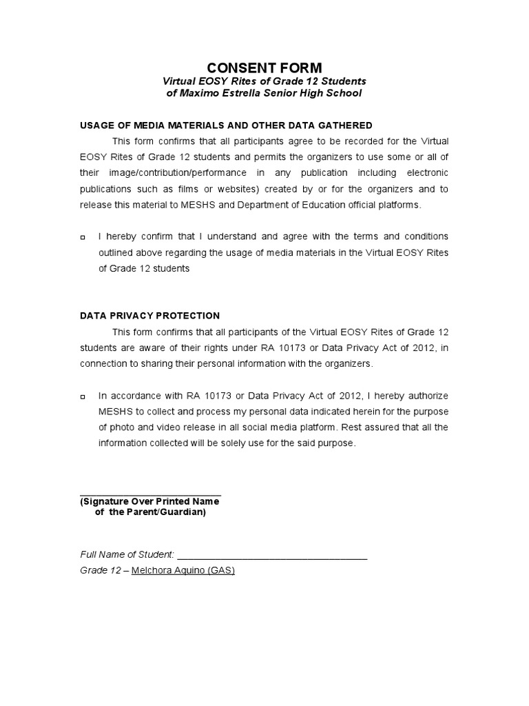 Consent Form: Virtual EOSY Rites of Grade 12 Students of Maximo ...