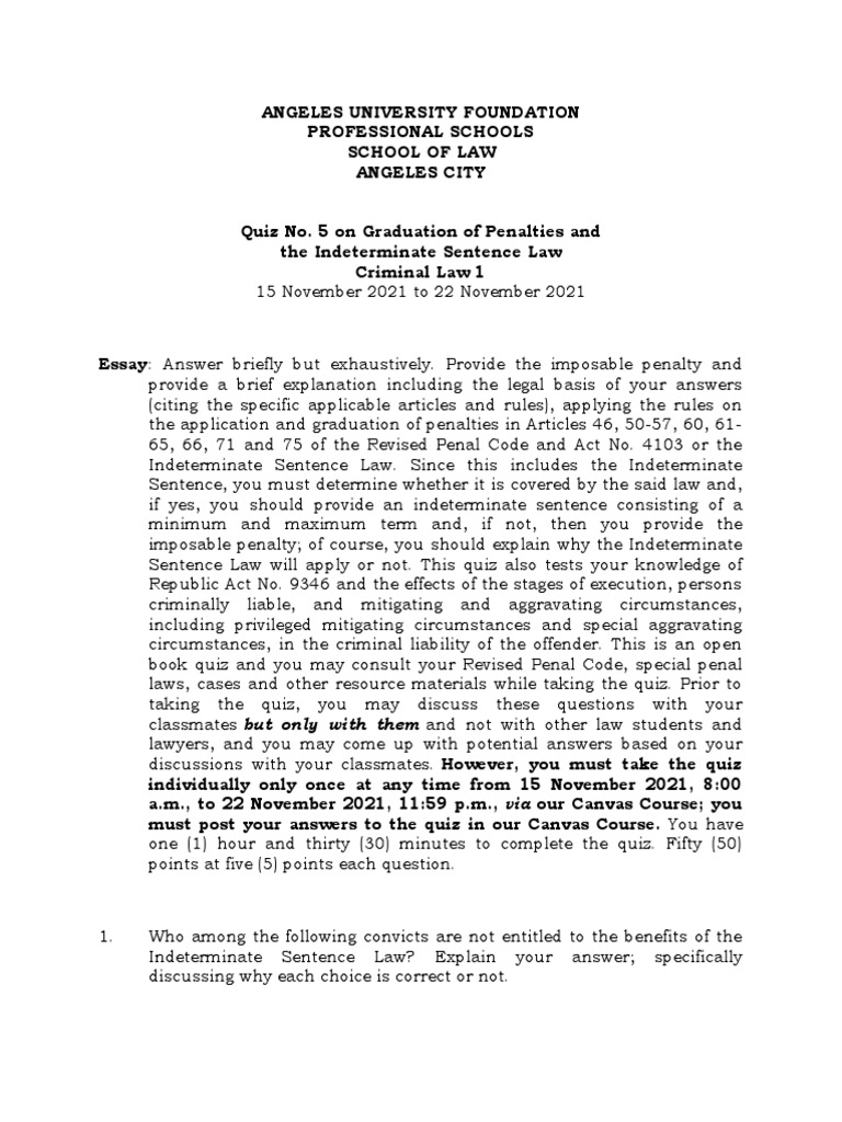 Quiz No. 5 On Graduation of Penalties and The Indeterminate Sentence ...
