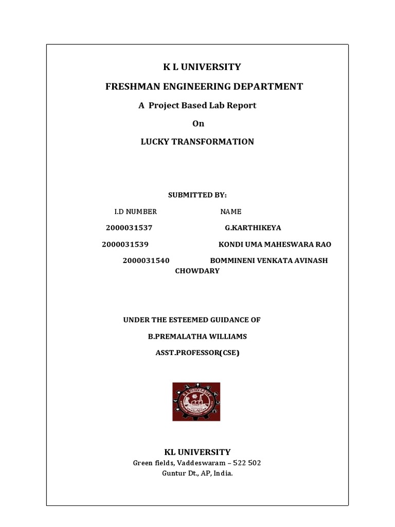 K L University Freshman Engineering Department: A Project Based Lab ...