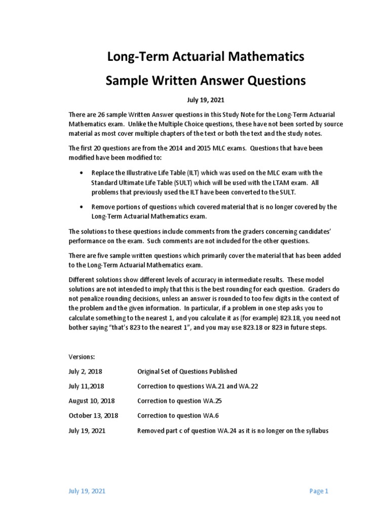 Long-Term Actuarial Mathematics Sample Written Answer Questions | PDF ...