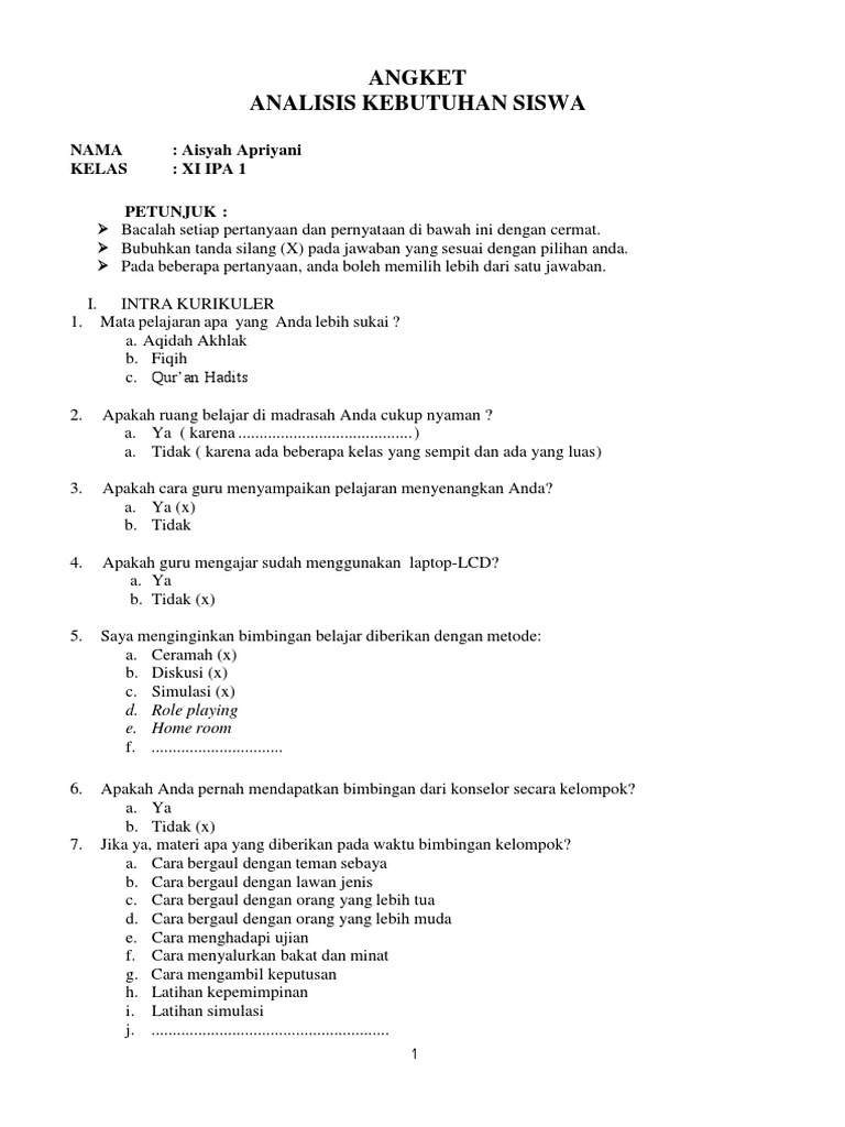 ANGKET ANALISIS KEBUTUHAN SISWA MAN 2 BANJAR (Aisyah Apriyani) | PDF ANGKET ANALISIS KEBUTUHAN SISWA MAN 2 BANJAR (Aisyah Apriyani) | PDF