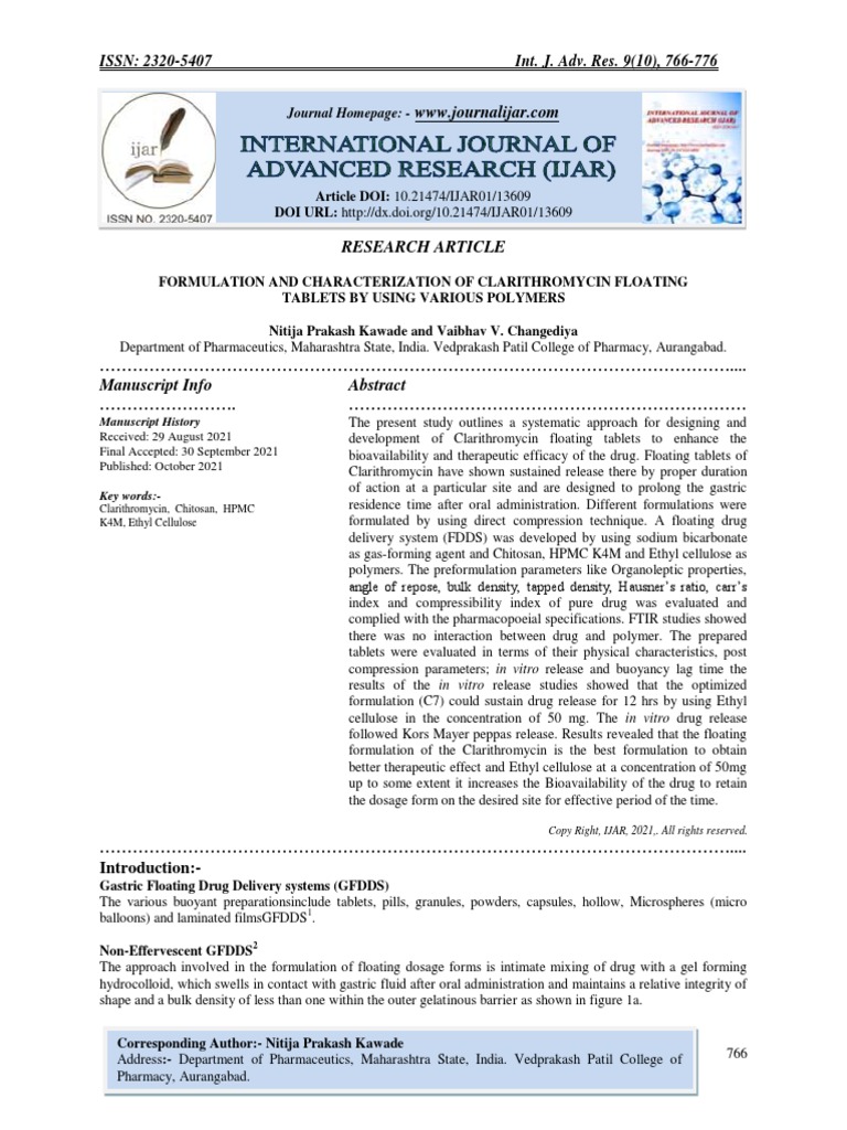 Formulation And Characterization Of Clarithromycin Floating Tablets By Using Various Polymers