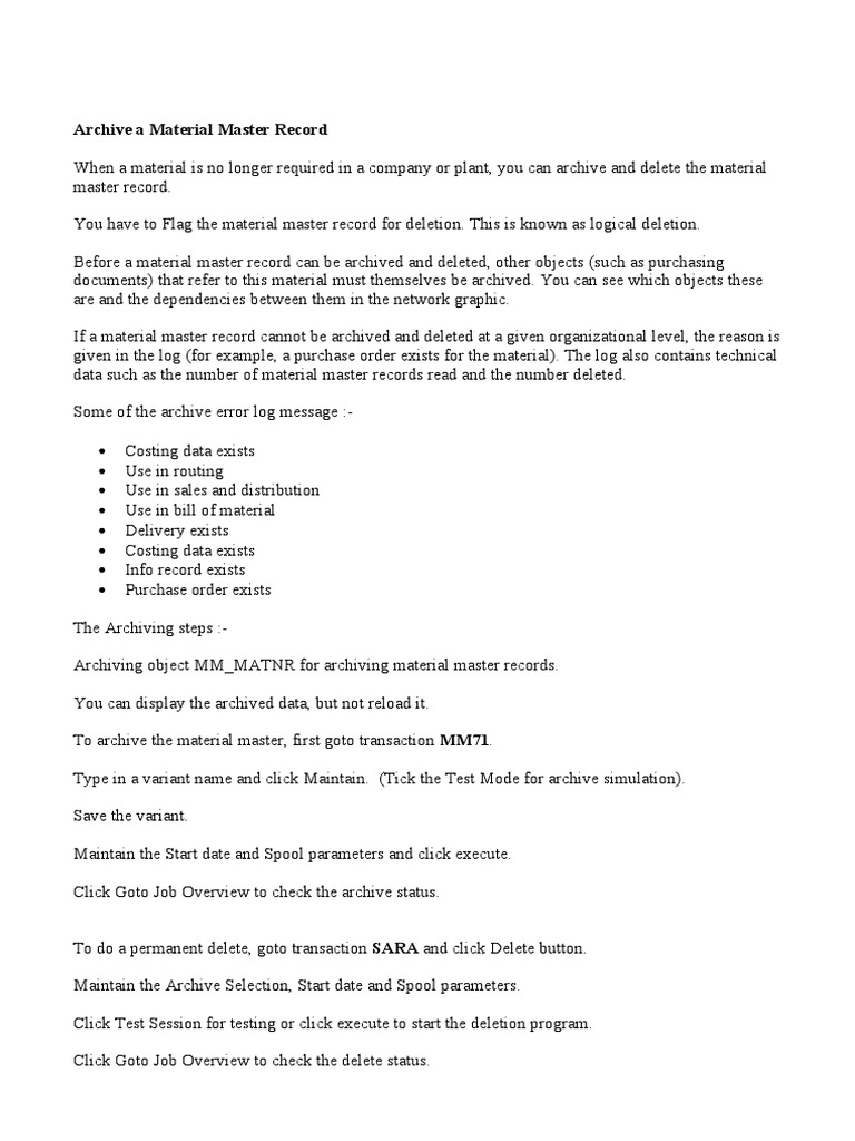 Archiving Material Master Records Guide | PDF