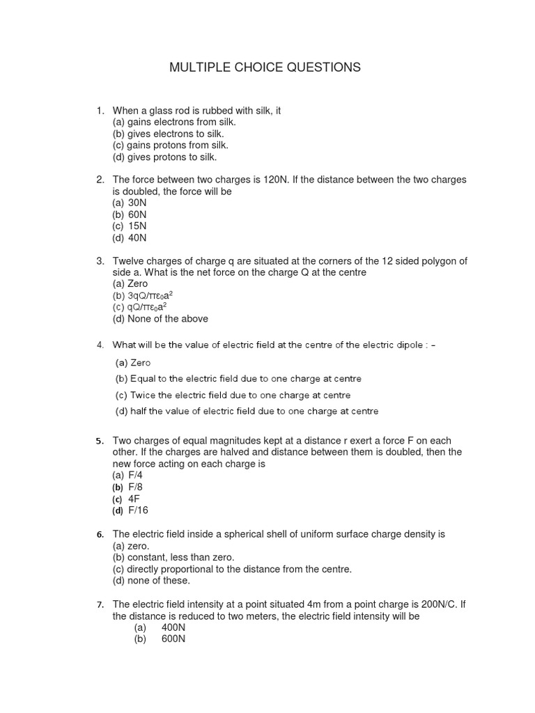 4.multiple Choice Questions | PDF | Electric Field | Electric Charge