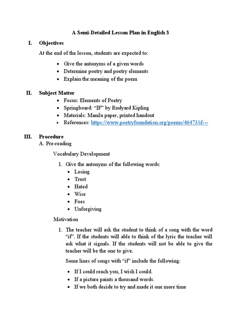 A Semi-Detailed Lesson Plan in English 3 I. Objectives | PDF | Reading ...