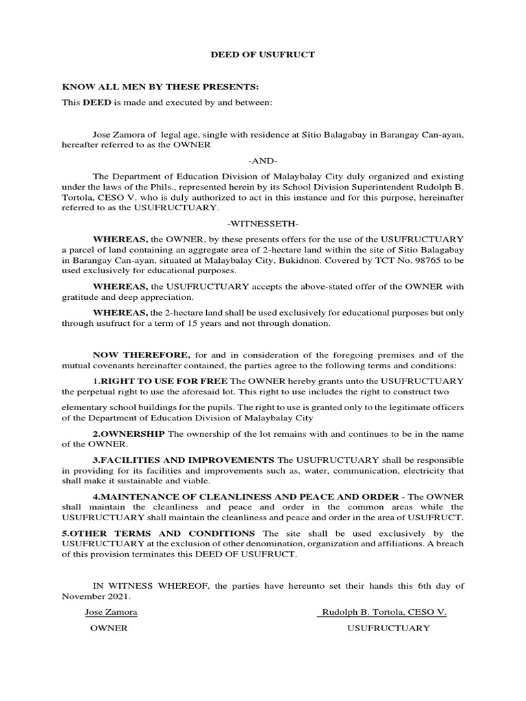 Deed of Usufruct | PDF | Civil Law (Legal System) | Law And Economics