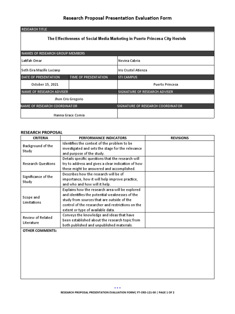Research Proposal Presentation Evaluation Form | PDF | Evaluation ...