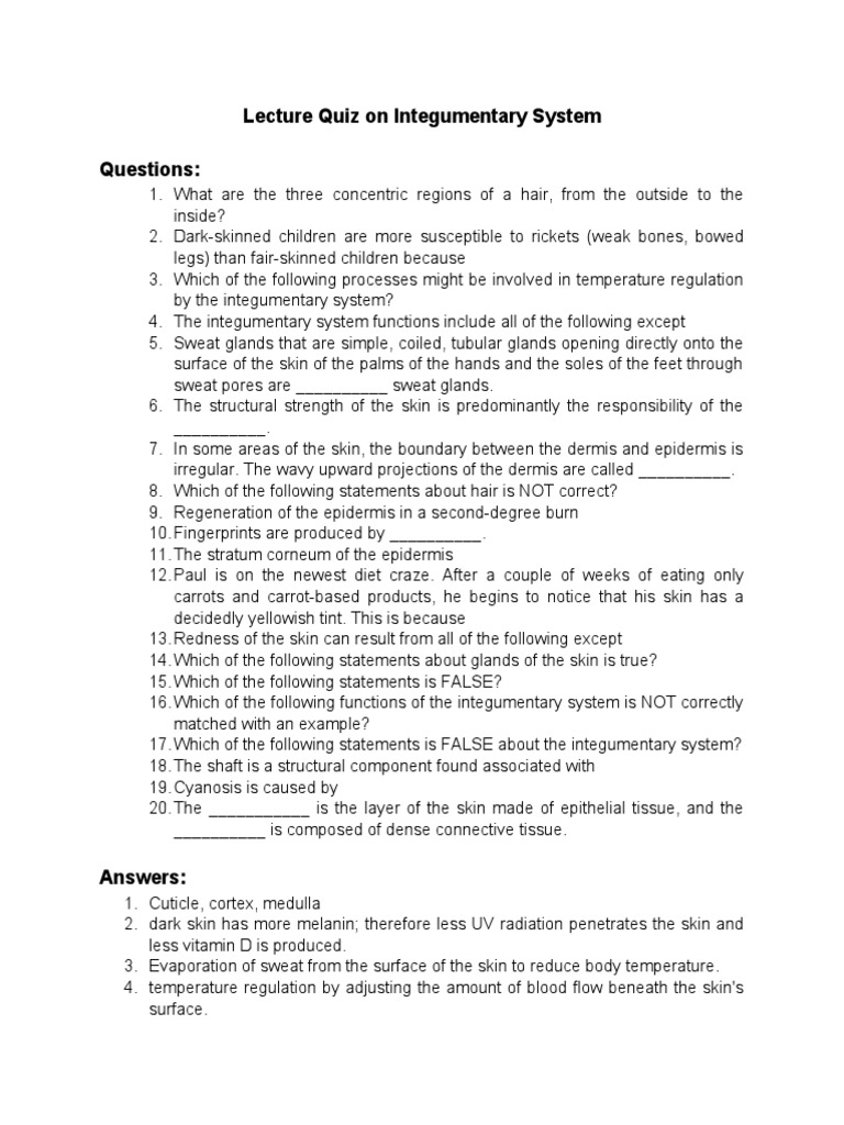 Lecture Quiz On Integumentary System | PDF | Skin | Integumentary System