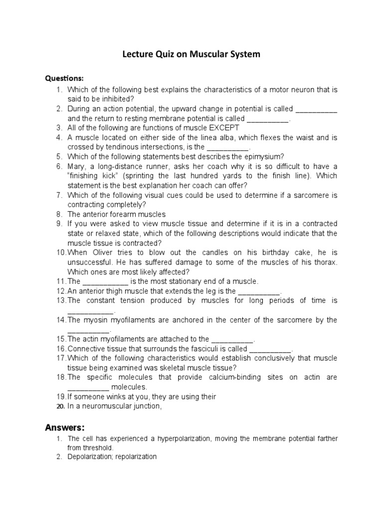 Lecture Quiz On Muscular System: Questions | PDF | Chemical Synapse ...