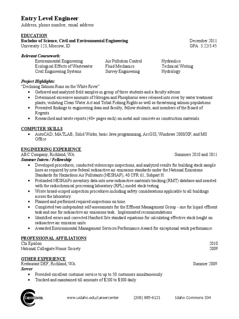 Entry Level Engineering Resume Template | PDF | Engineering ...