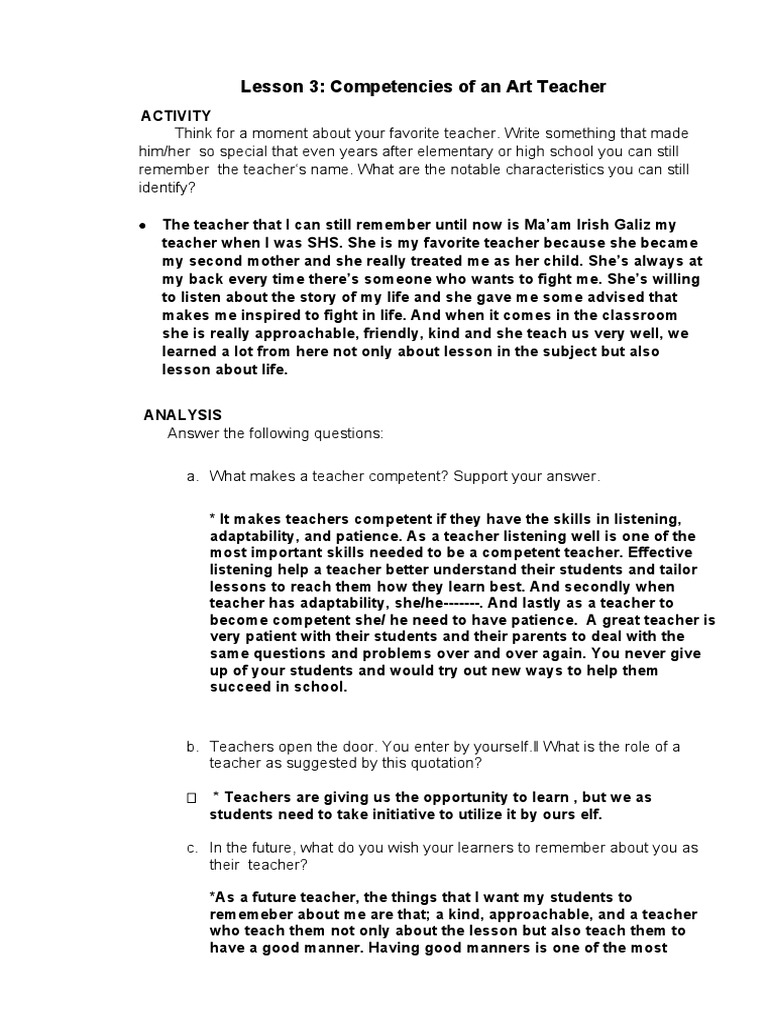 Lesson 3: Competencies of An Art Teacher | PDF | Teachers | Applied ...