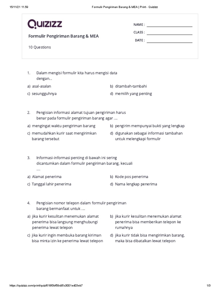 Formulir Pengiriman Barang & MEA - Print - Quizizz | PDF
