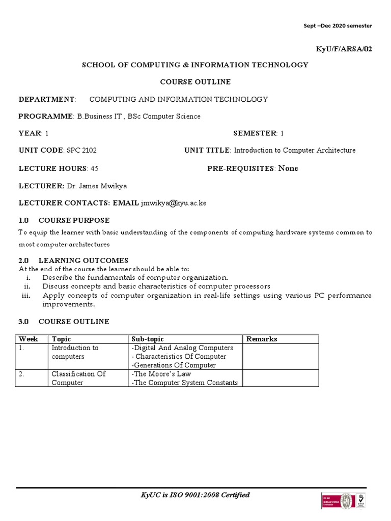 SPC 2102 Introduction To Computer Architecture Course Outline | PDF | Computer Data Storage ...