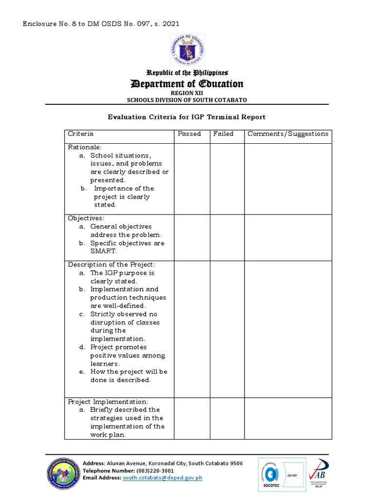 Enclosure No. 8 To DM OSDS No. 097 S. 2021 Evaluation Criteria For IGP Terminal Report | PDF ...