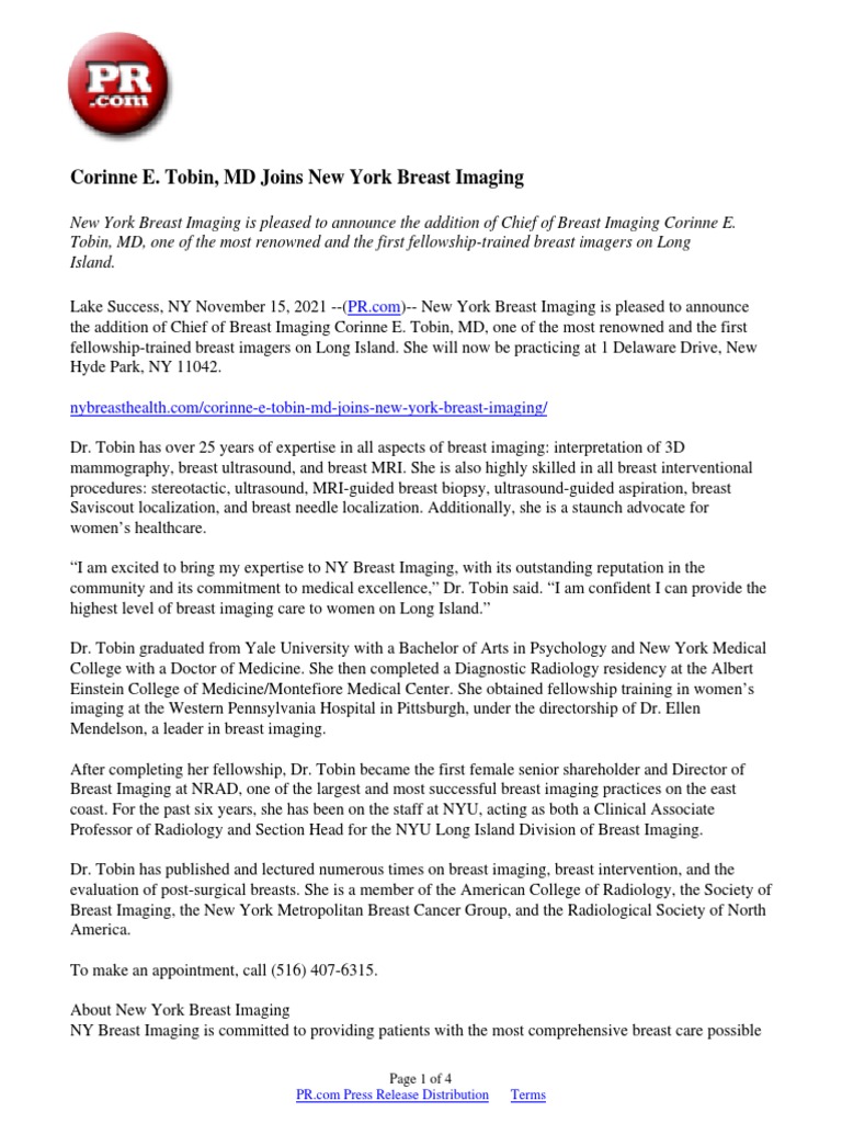 Corinne E. Tobin, MD Joins New York Breast Imaging | PDF | Medical ...