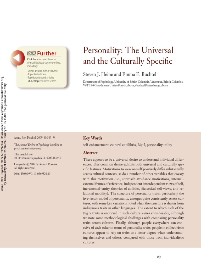 Personality - The Universal and Culturally Specific | PDF | Self ...