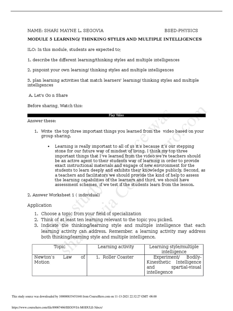 This Study Resource Was: Module 5 Learning/ Thinking Styles and ...
