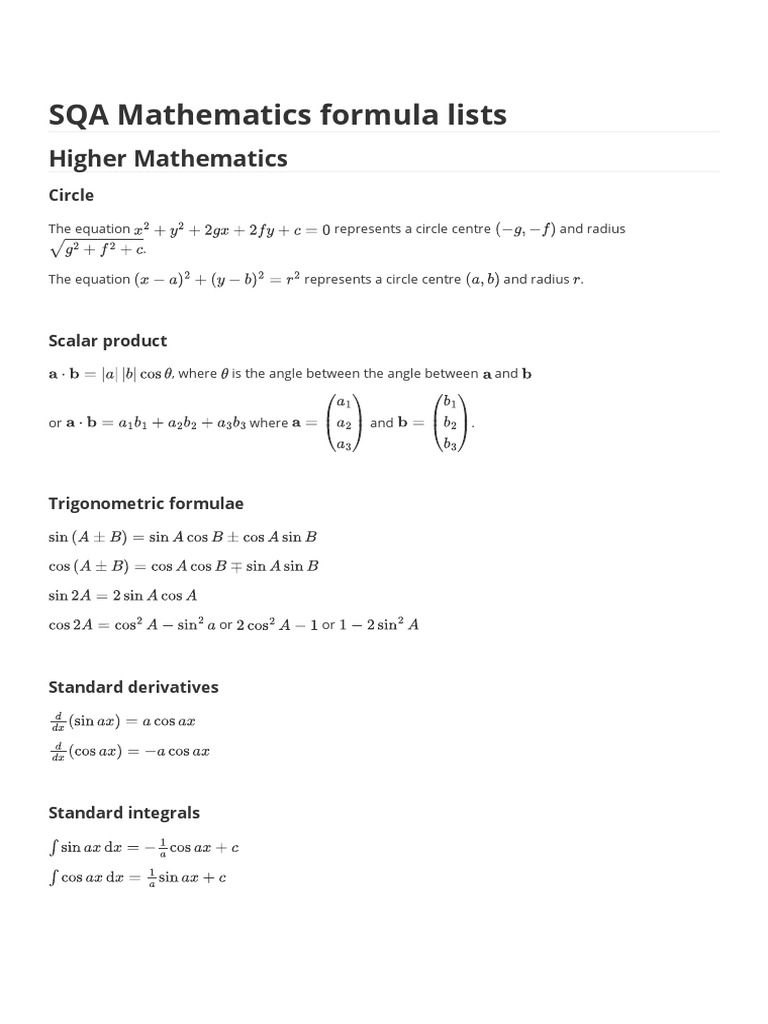 SQA Mathematics Formula Lists | PDF