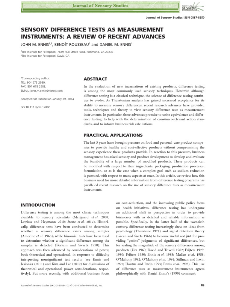 Sensory Difference Tests As Measurement Instruments: A Review of Recent ...
