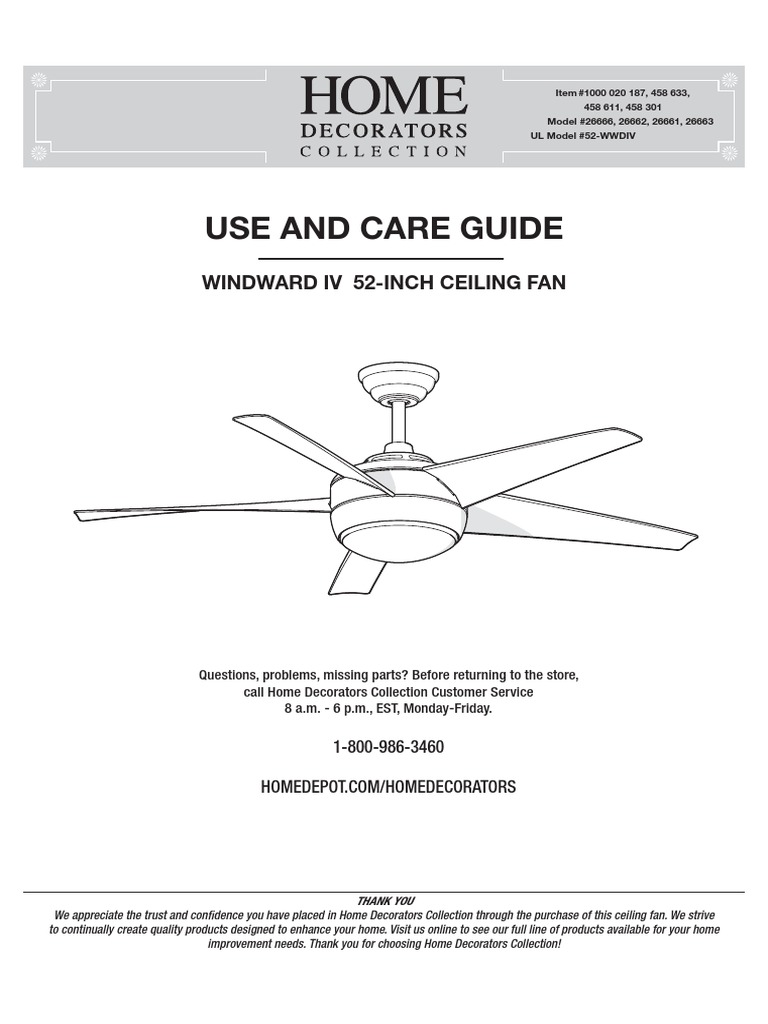 Use and Care Guide: Windward Iv 52-Inch Ceiling Fan | Download Free PDF ...