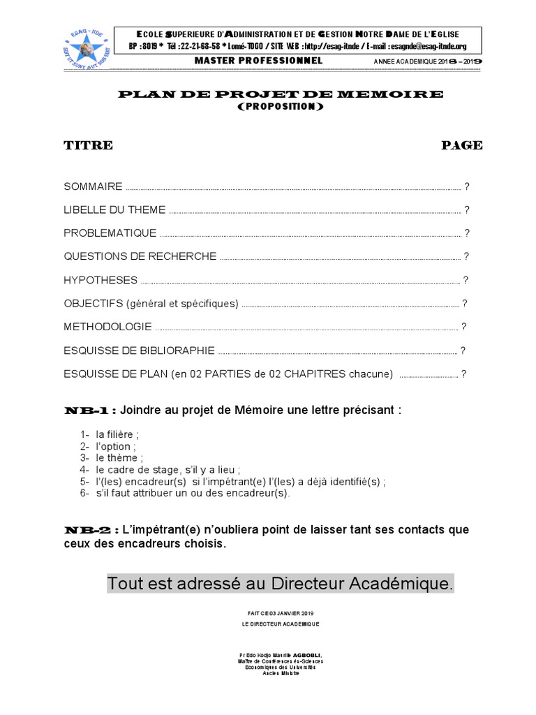 Plan de Projet de Mémoire Master | PDF
