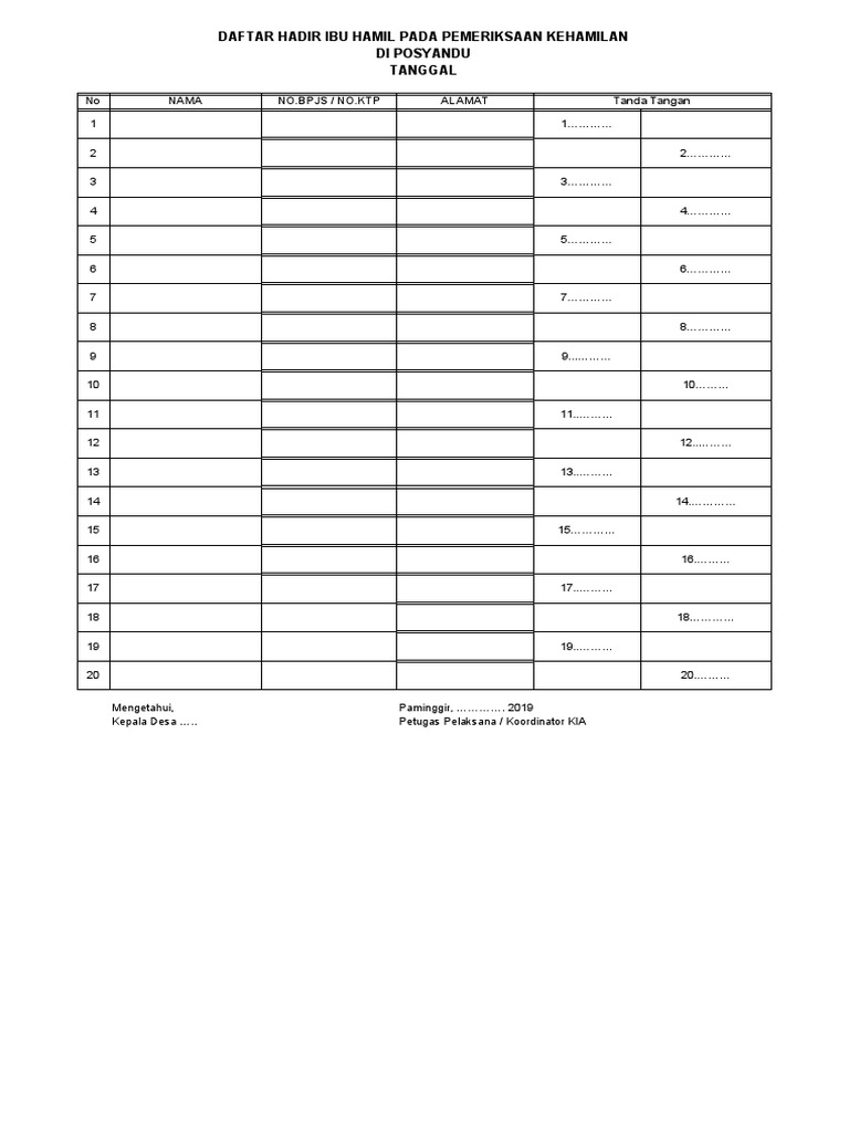Daftar Hadir Kunjungan Sehat | PDF