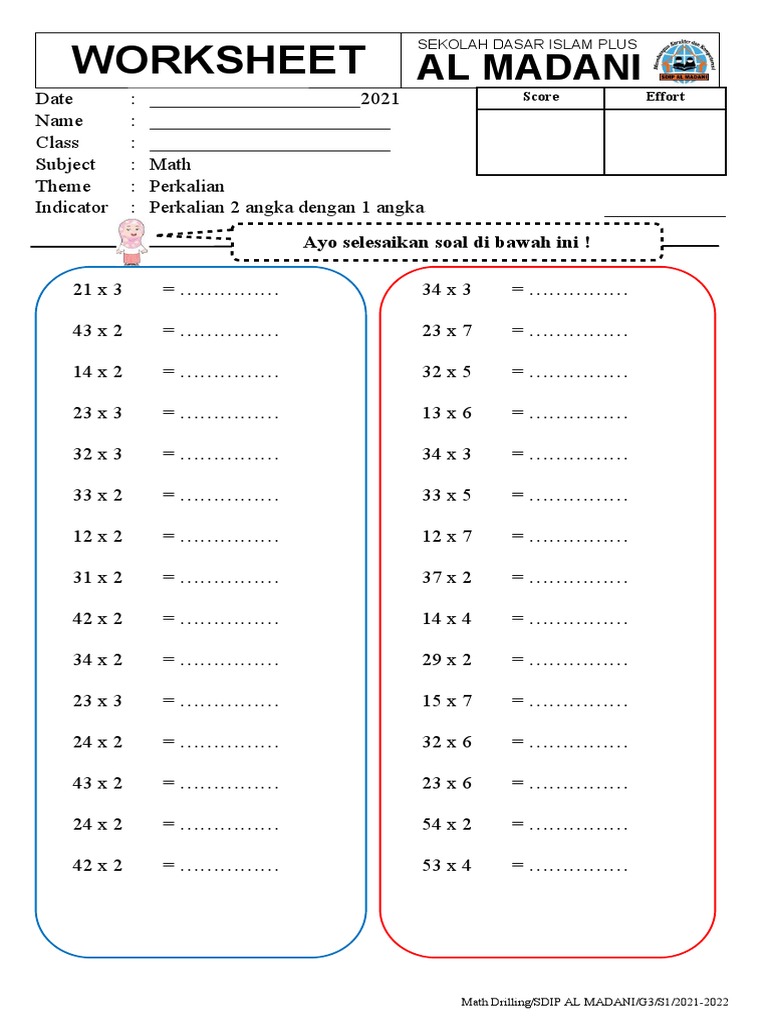 Drilling Worksheet Math Perkalian 2 Angka Dengan 1 Angka | PDF