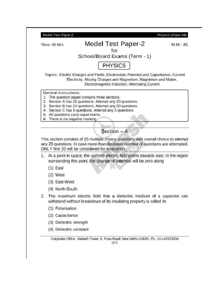 Model Test Paper - 2 (Physics) | PDF