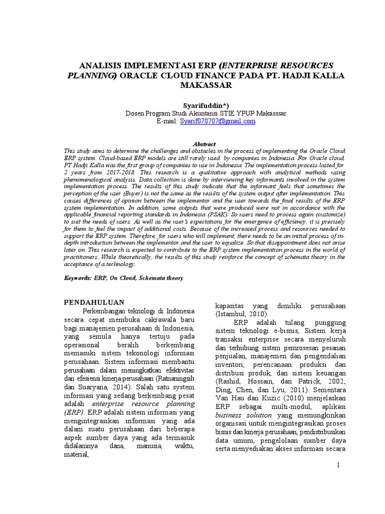 Planning) Oracle Cloud Finance Pada Pt. Hadji Kalla: Analisis Implementasi Erp (Enterprise ...
