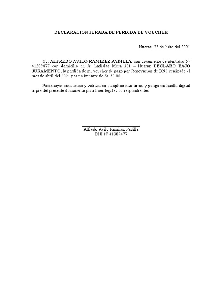 Declaracion Jurada de Perdida de Voucher | PDF