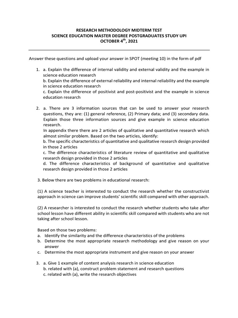 Science Ed Research Methods Test | PDF | Quantitative Research | Leadership