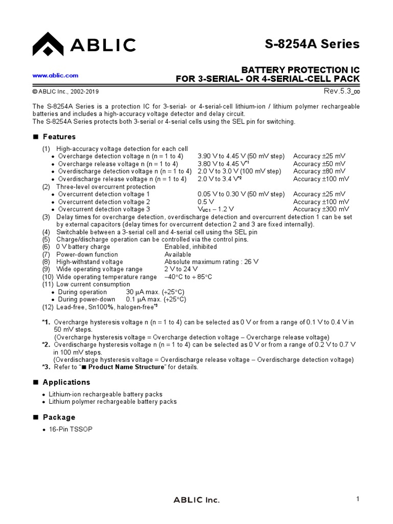 S-8254A Series: Battery Protection Ic For 3-Serial-Or 4-Serial-Cell ...